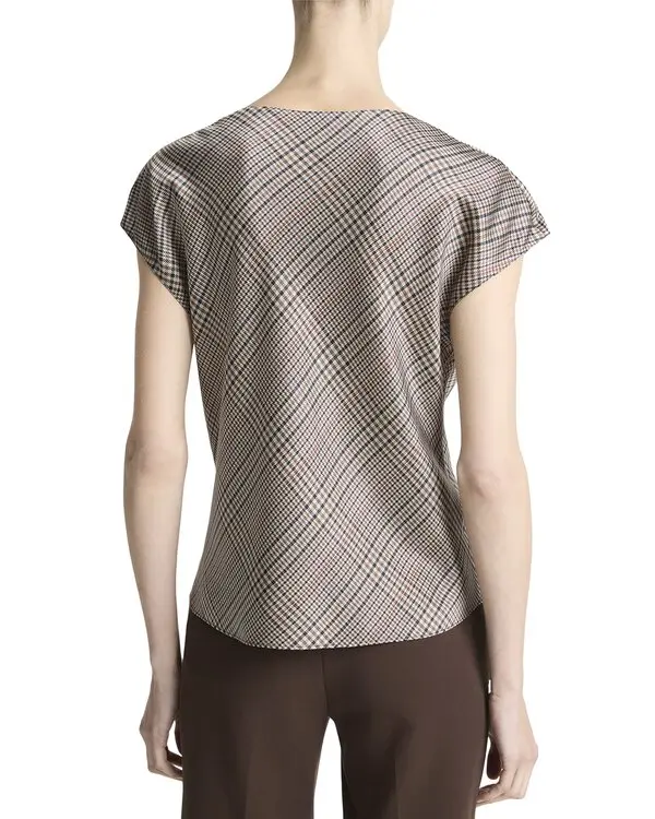 Vince Pressed Plaid Cowlneck Silk Top - Multi Plaid
