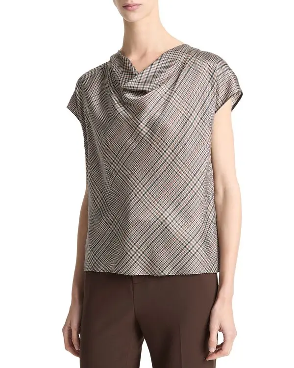 Vince Pressed Plaid Cowlneck Silk Top - Multi Plaid