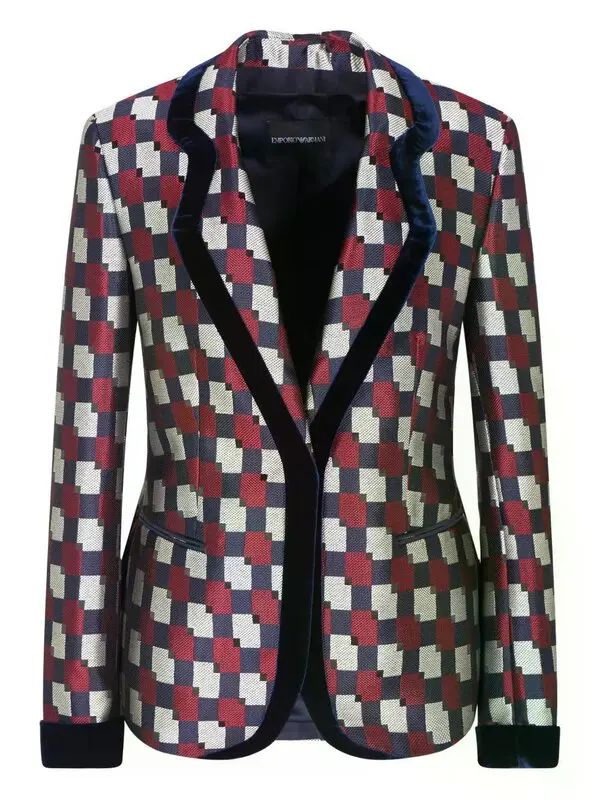 Emporio Armani Checked Velvet-trimmed Blazer - Blue