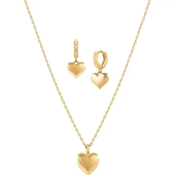 BEARFRUIT JEWELRY 14k Plated Puffed Heart Necklace And Huggies Set - Gold