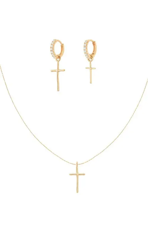 BEARFRUIT JEWELRY Sterling Cross Necklace And Mismatched Earrings Set - Gold