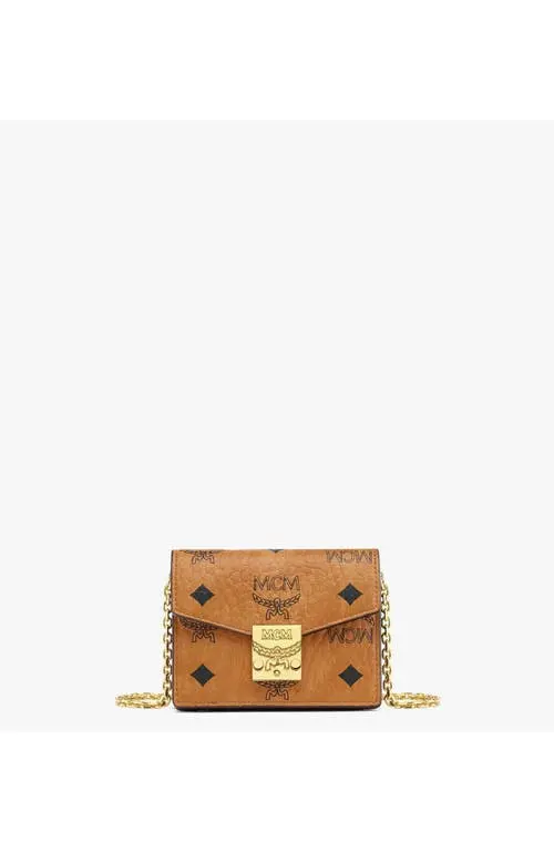 Mcm Tracy Chain Card Wallet In Visetos - Cognac