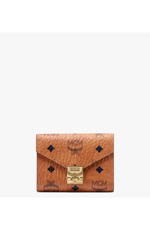 Mcm Tracy Trifold Wallet In Visetos - Cognac