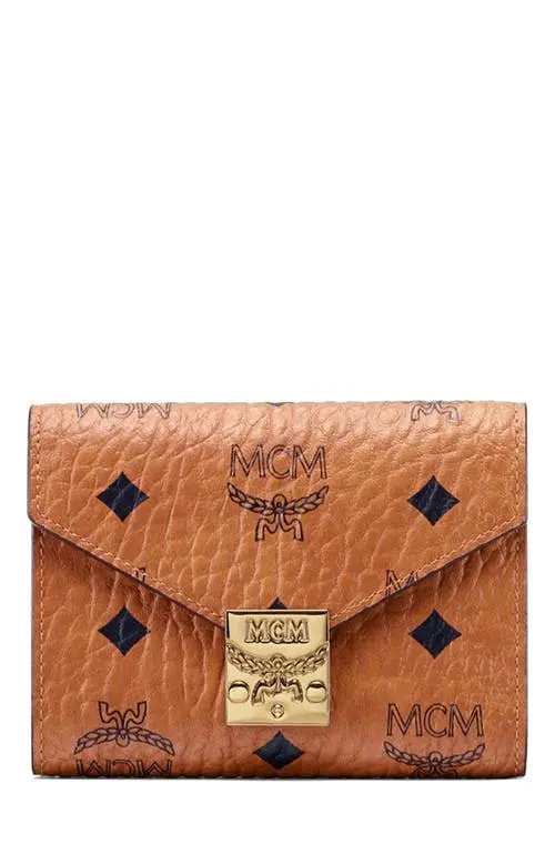 Mcm Tracy Trifold Wallet In Visetos - Cognac