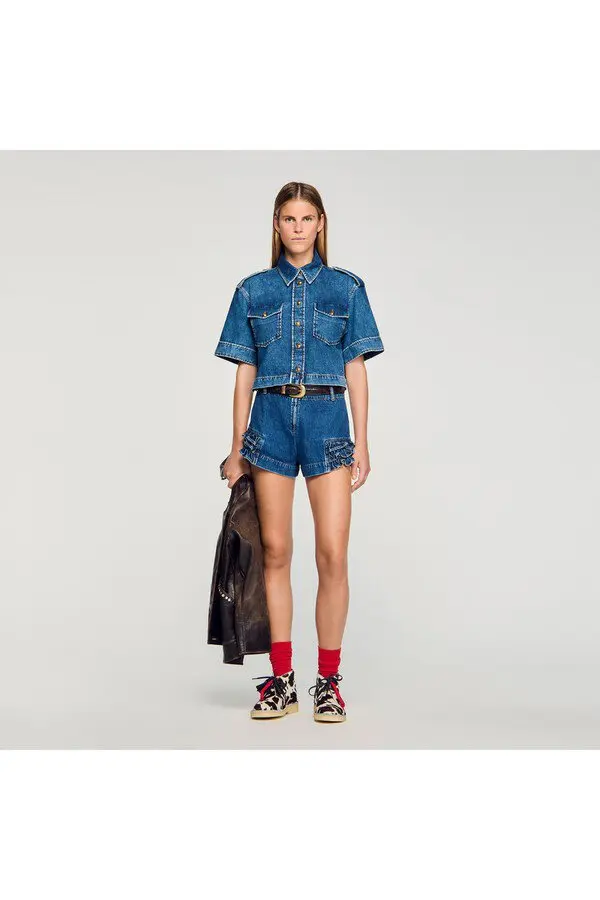 Sandro Ruffled Denim Flared Shorts - Blue