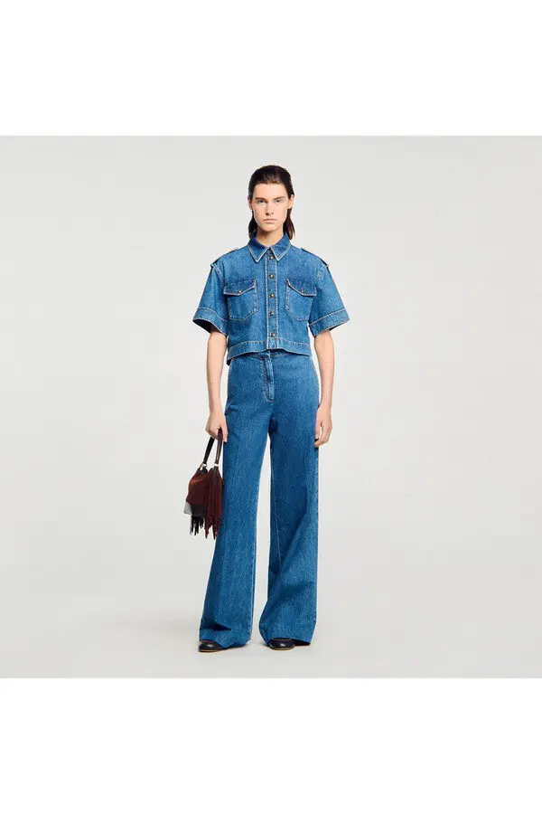 Sandro Cropped Denim Shirt - Blue