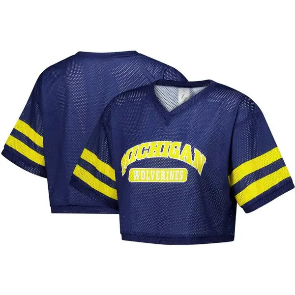 ZOOZATZ Michigan Wolverines Mesh Cropped V-neck T-shirt - Navy