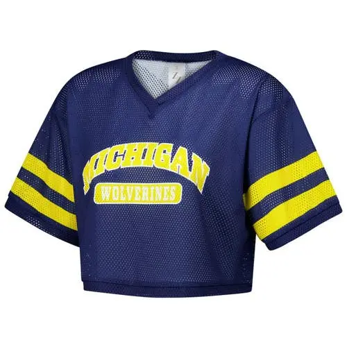 ZOOZATZ Michigan Wolverines Mesh Cropped V-neck T-shirt - Navy