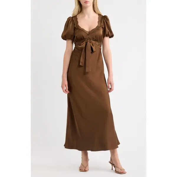 Moon River Puff Sleeve Lace Trim Maxi Dress - Brown