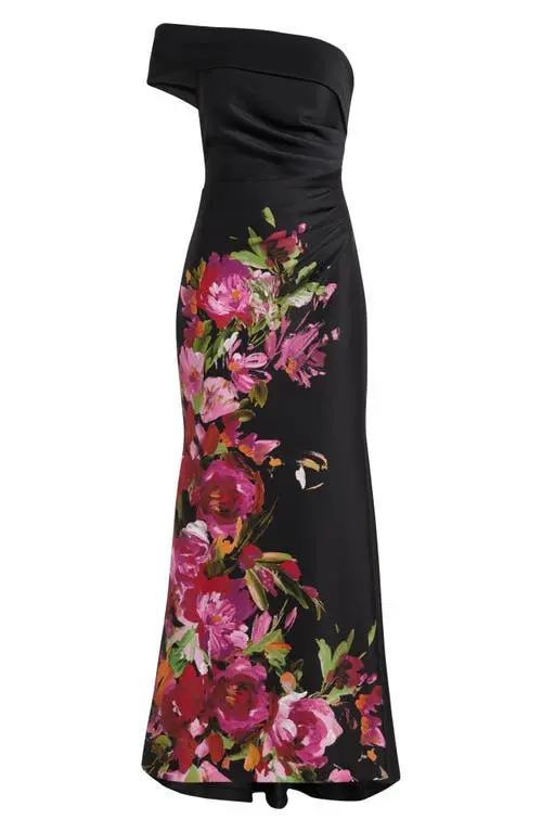 eliza j one shoulder floral dress Eliza J Abstract Floral One-Shoulder Satin Sheath Dress - Yellow