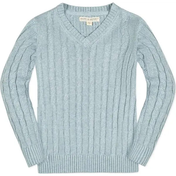 HOPE & HENRY Organic Long Sleeve Cable V-neck Sweater - Dusty Blue Heather Cable