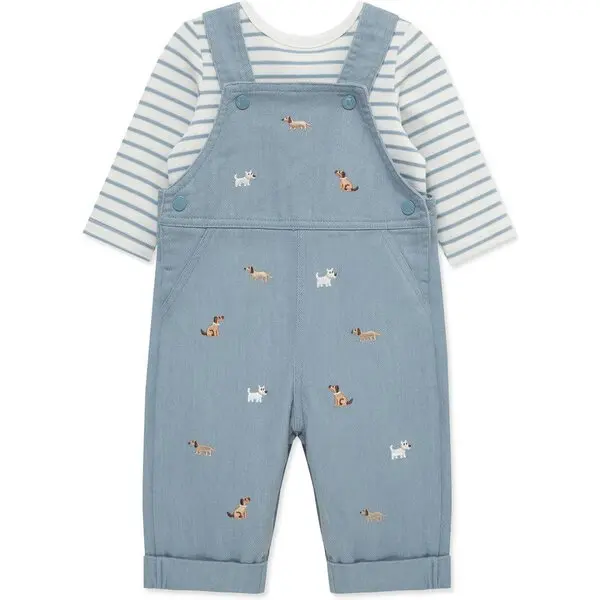 LITTLE ME Doggies Embroidered Overalls & T-shirt Set - Blue