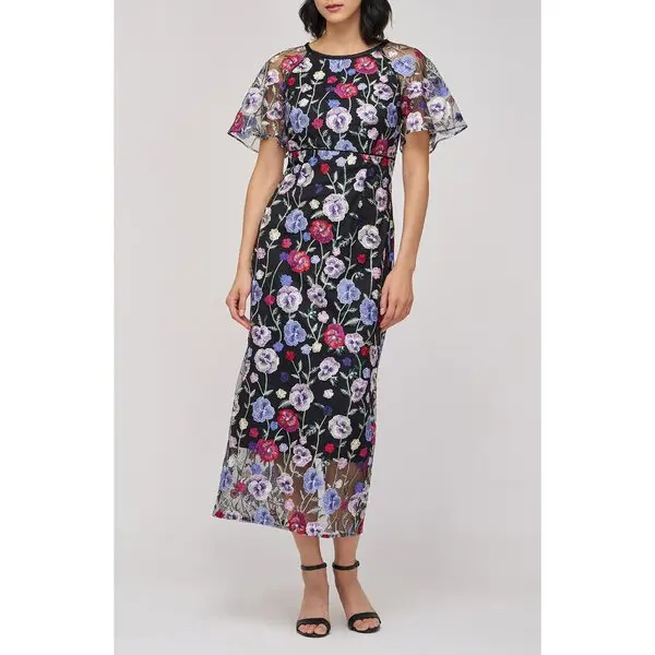 Js Collections Embroidered Floral Mesh Cocktail Dress