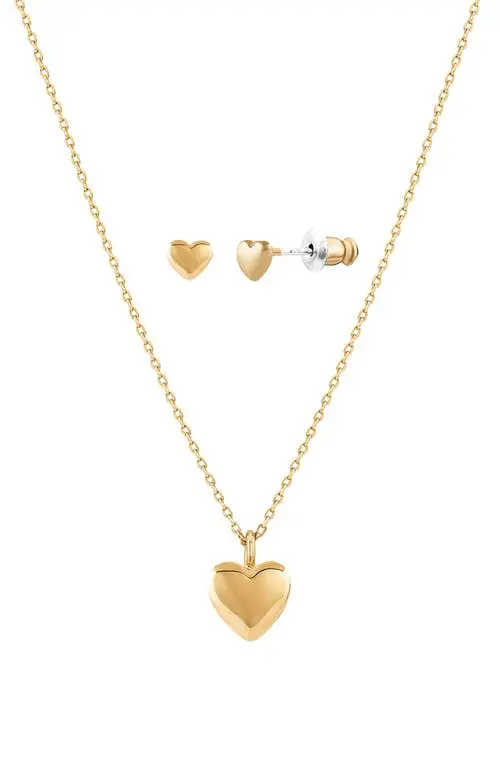 BEARFRUIT JEWELRY 14k Plated Puffed Heart Necklace And Stud Earring Set - Gold