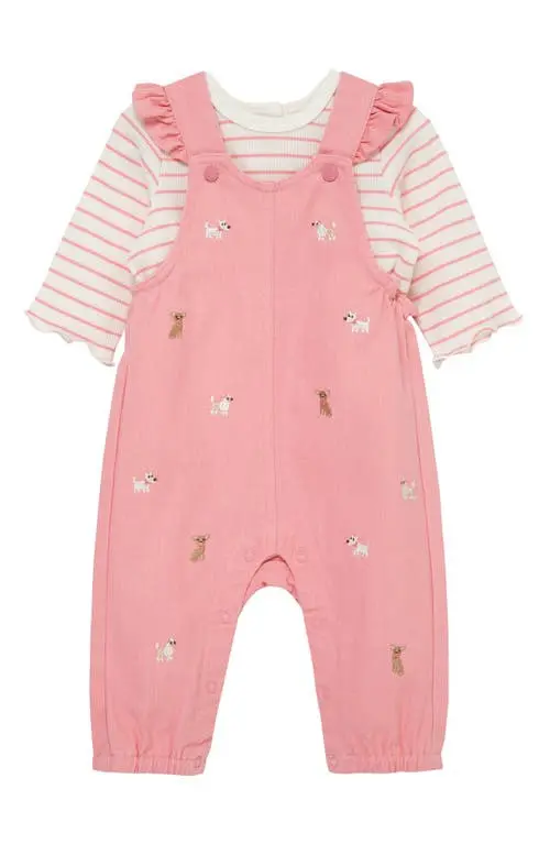 LITTLE ME Puppies Embroidered Overalls & T-shirt Set - Pink