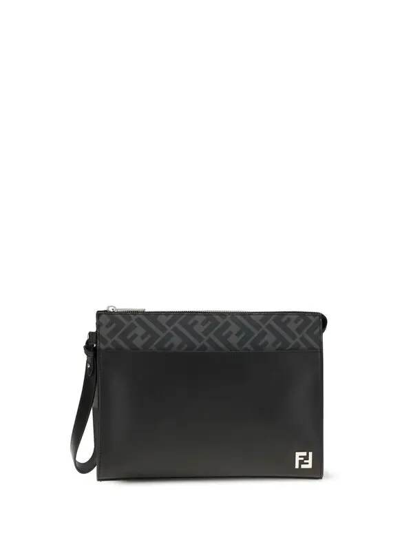 Fendi Pouch In Leather And Canvas - Black