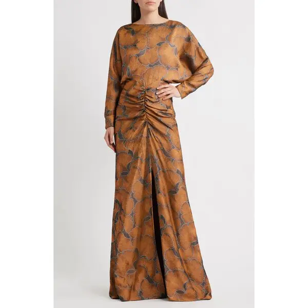 Amsale Long Sleeve Jacquard Gown - Copper Multi
