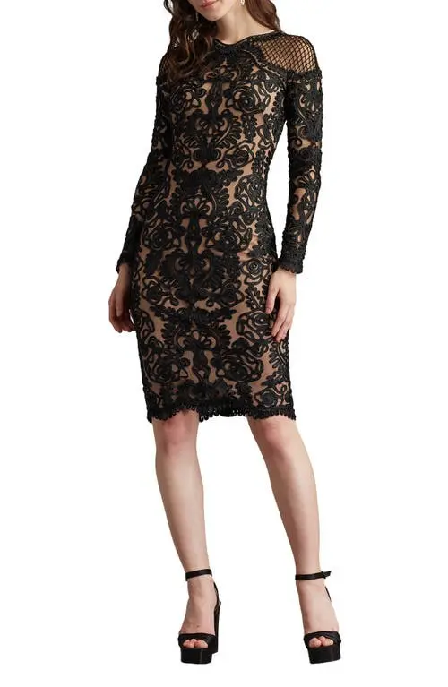 black and nude cocktail dress Niema Embroidered-Waist Cocktail Dress