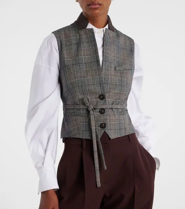 Brunello Cucinelli Belted Checked Virgin Wool Vest