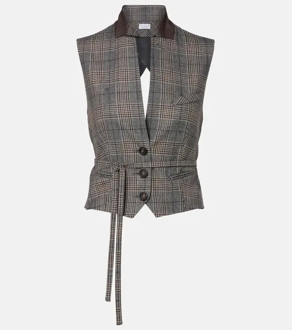 Brunello Cucinelli Belted Checked Virgin Wool Vest - Grey