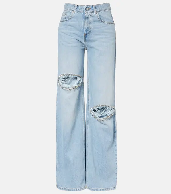 AREA Distressed Embellished Wide-leg Jeans - Blue