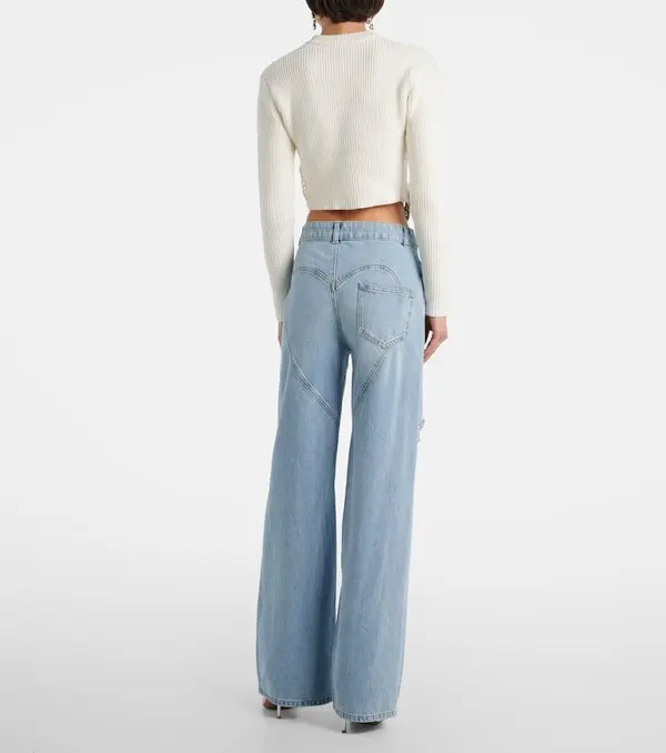 AREA Distressed Embellished Wide-leg Jeans - Blue
