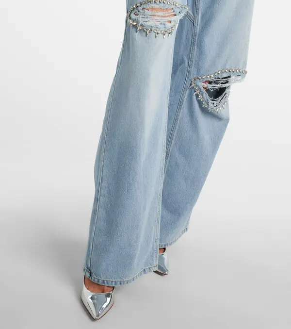 AREA Distressed Embellished Wide-leg Jeans - Blue