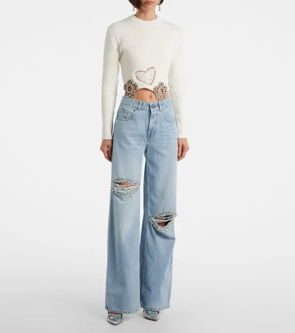 AREA Distressed Embellished Wide-leg Jeans - Blue