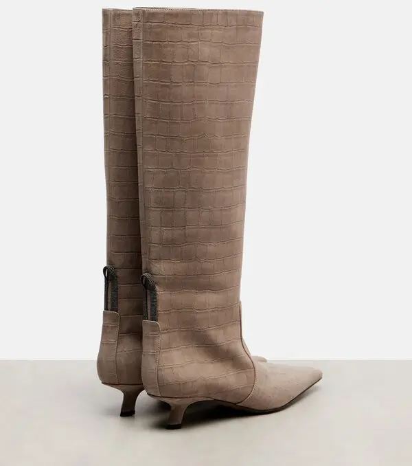 Brunello Cucinelli Monili Croc-effect Suede Knee-high Boots