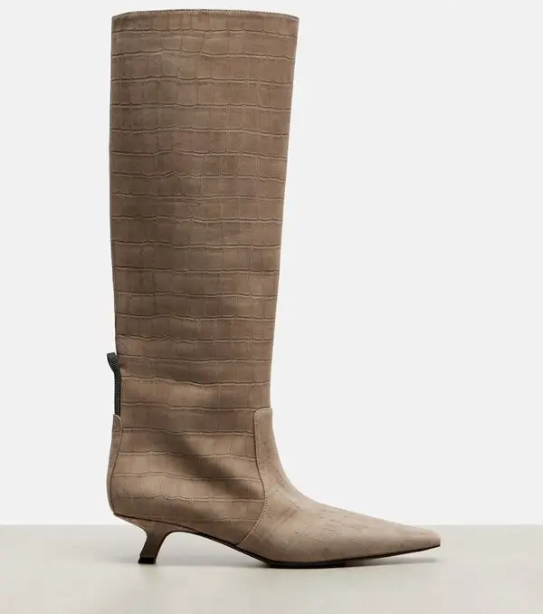 Brunello Cucinelli Monili Croc-effect Suede Knee-high Boots