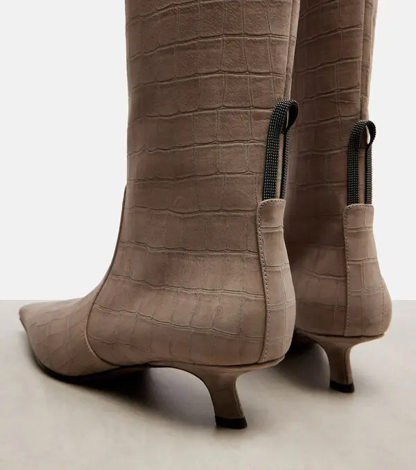 Brunello Cucinelli Monili Croc-effect Suede Knee-high Boots