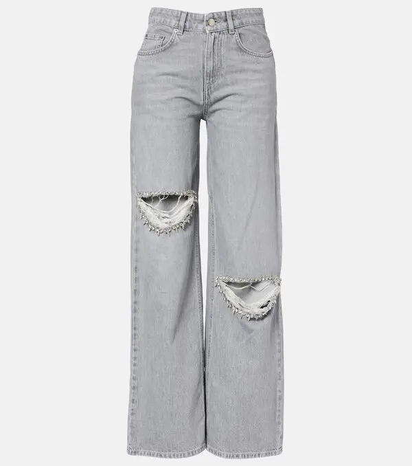 AREA Distressed Embellished Wide-leg Jeans