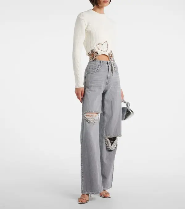 AREA Distressed Embellished Wide-leg Jeans