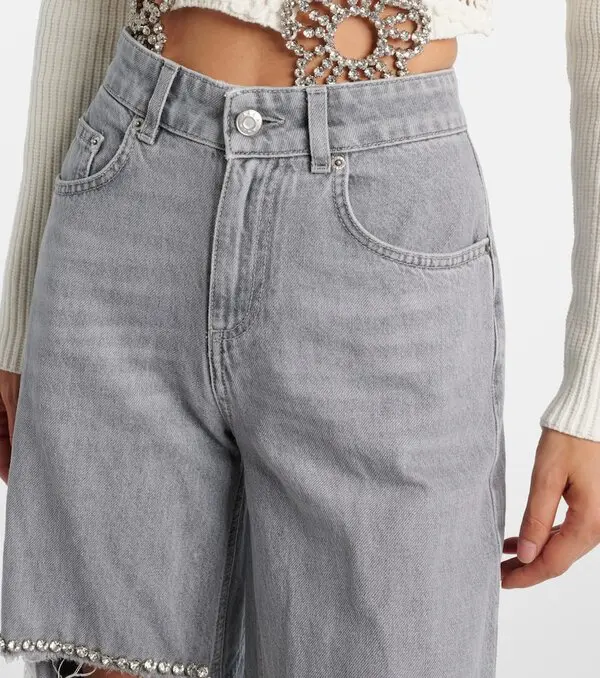 AREA Distressed Embellished Wide-leg Jeans