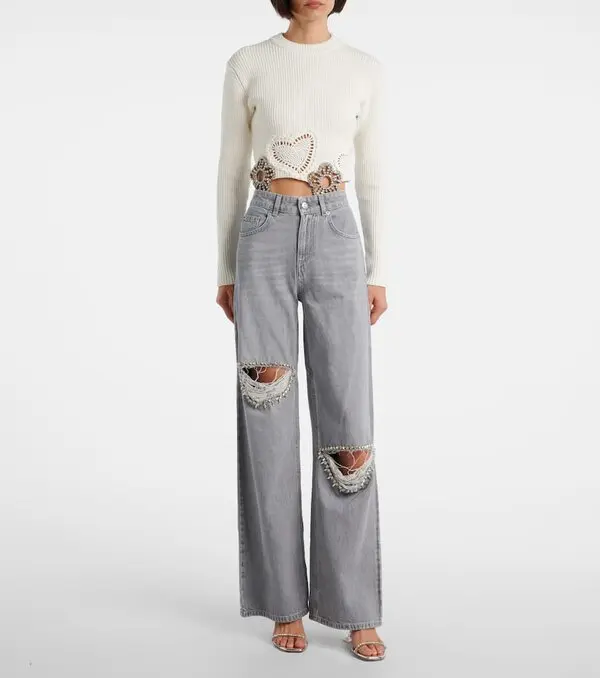 AREA Distressed Embellished Wide-leg Jeans