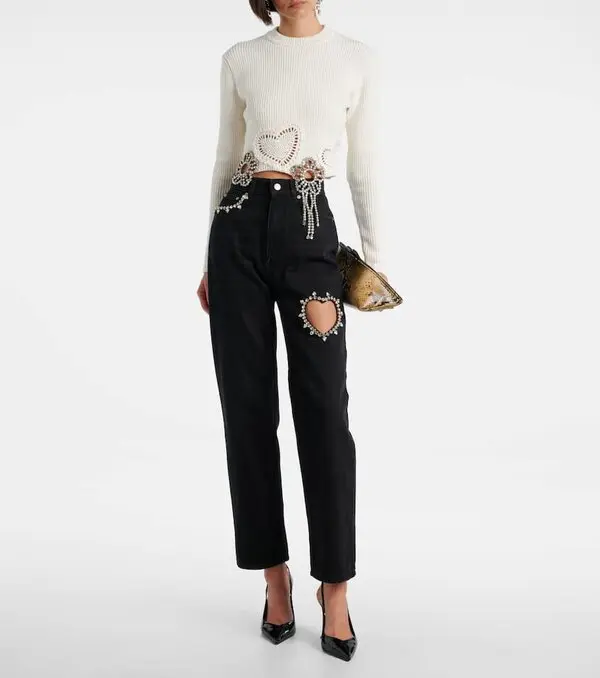 AREA Crystal-embellished Straight Leg Jeans - Black