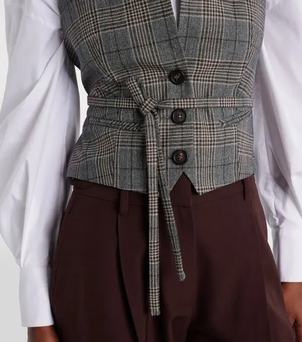 Brunello Cucinelli Belted Checked Virgin Wool Vest