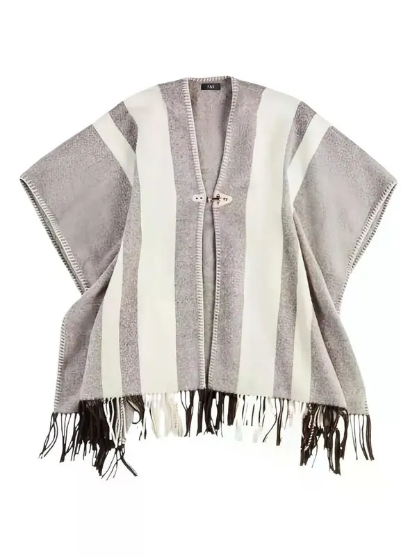 FAY Striped-fringe Poncho - Grey