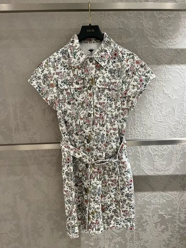 Dior Short-sleeve Belted Shirt Dress - White Floral