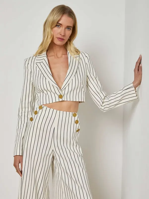 L'Agence Izzie Striped Cropped Blazer - Vintage White/black Pinstripe
