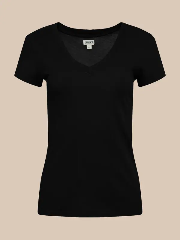 L'Agence Becca Cotton V-neck T-shirt - Black