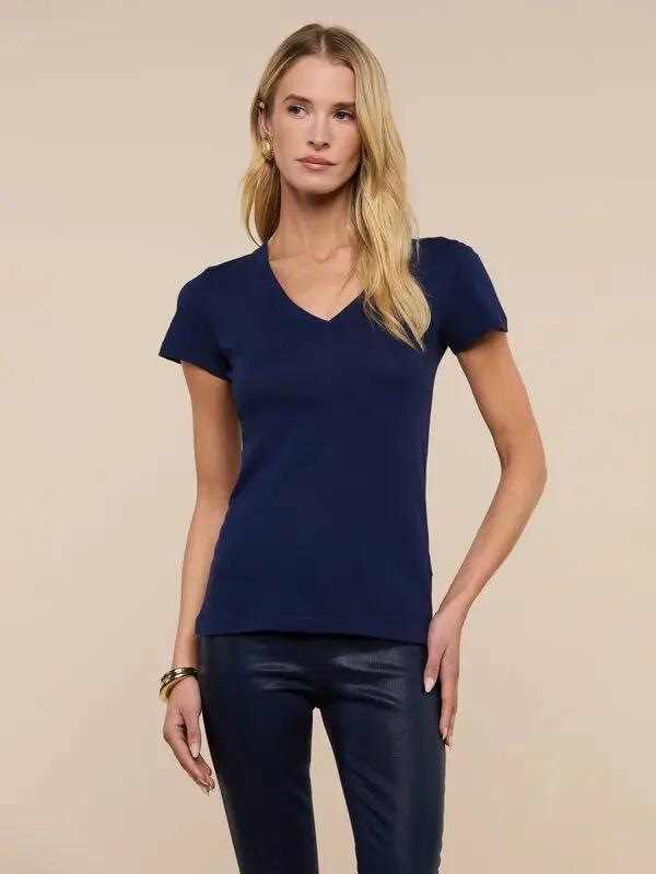 L'Agence Becca Cotton V-neck T-shirt - Navy