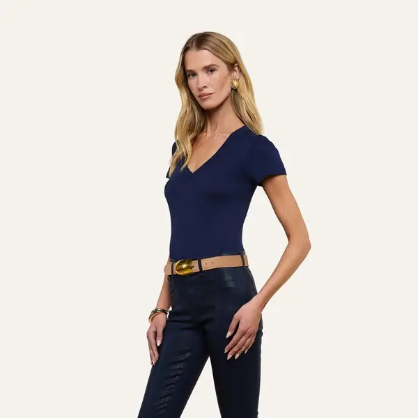 L'Agence Becca Cotton V-neck T-shirt - Navy