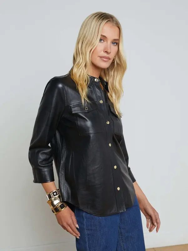 L'Agence Avina Leather Shirt - Black