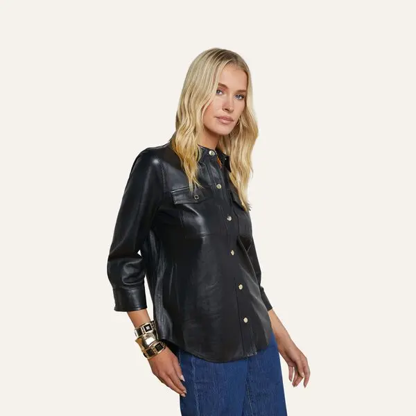 L'Agence Avina Leather Shirt - Black