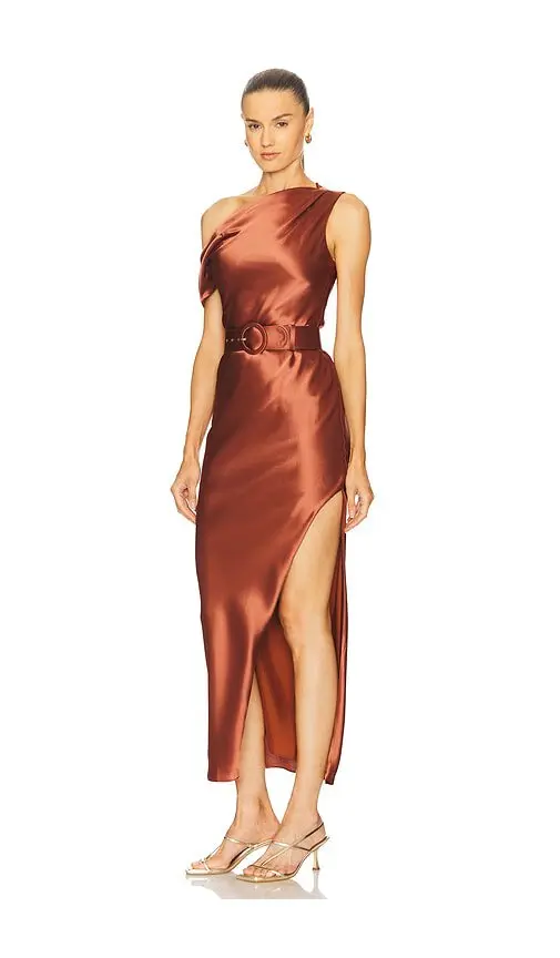 NICHOLAS Eartha Off-shoulder Belted Satin Dress - Brick
