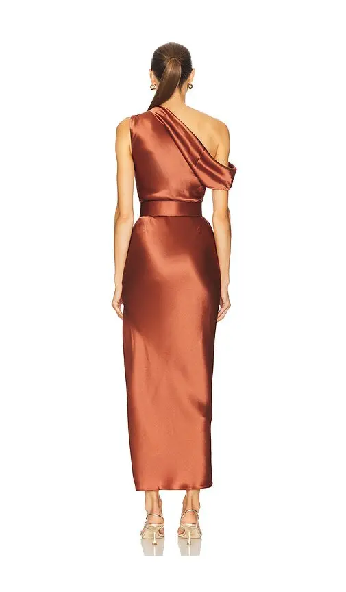 NICHOLAS Eartha Off-shoulder Belted Satin Dress - Brick