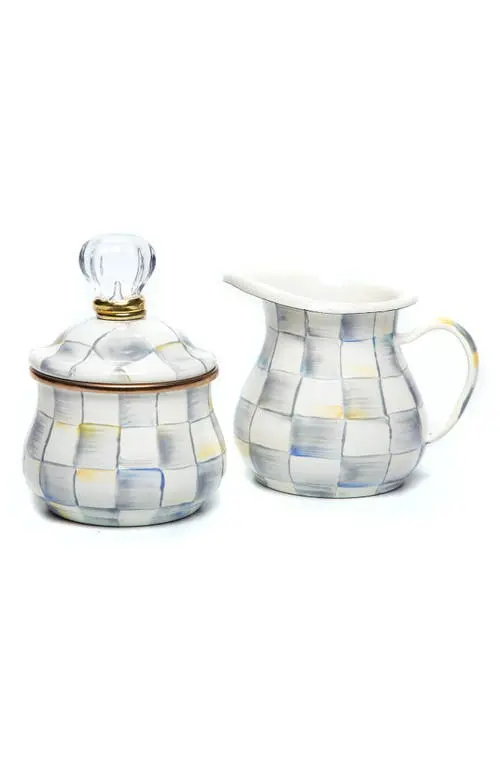 MACKENZIE-CHILDS Sterling Check Enameled Steel Creamer & Sugar Set - Grey/white