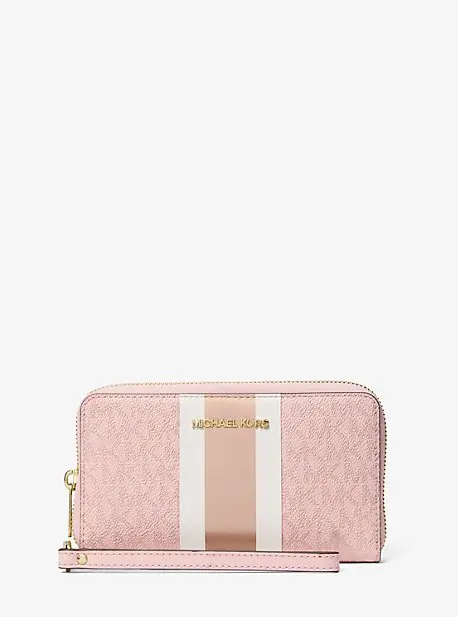 Michael Kors Jet Set Large Metallic Signature Logo Stripe Smartphone Wallet - Pink