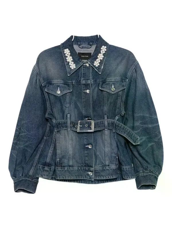 Simone Rocha Pearl-embellished Belted Denim Jacket